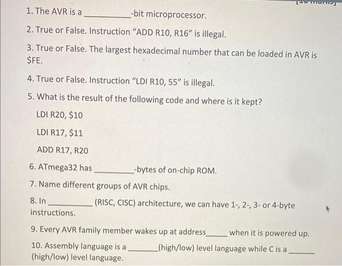 Solved TCH 1. The AVR is a _-bit microprocessor. 2. True or | Chegg.com