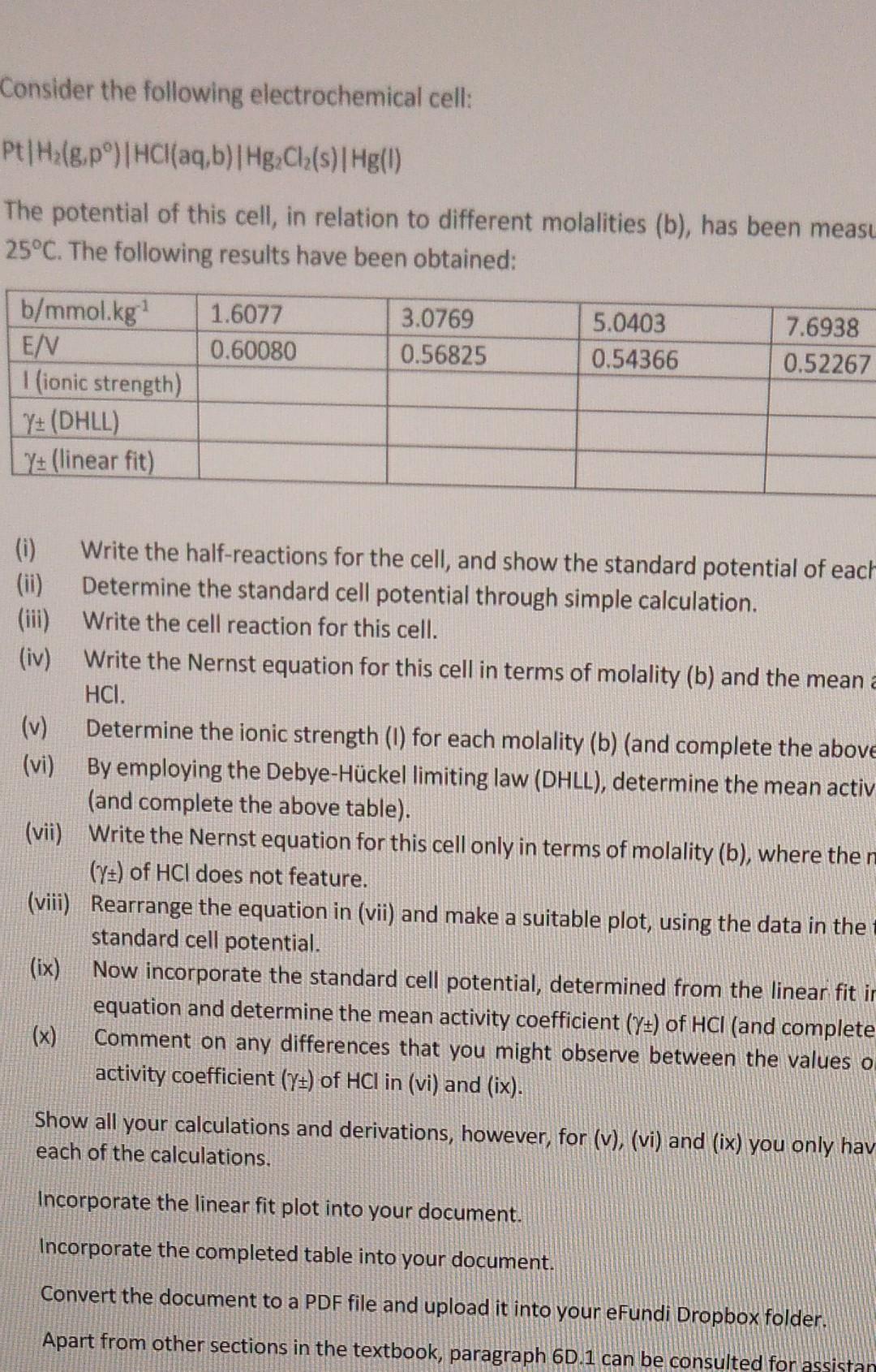 Solved Consider the following electrochemical cell: Pt | | Chegg.com
