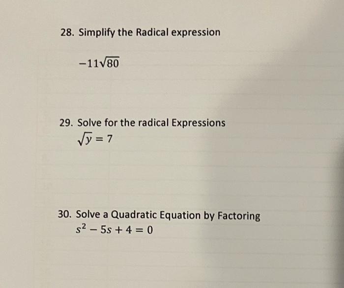 Solved 28. Simplify the Radical expression −1180 29. Solve | Chegg.com