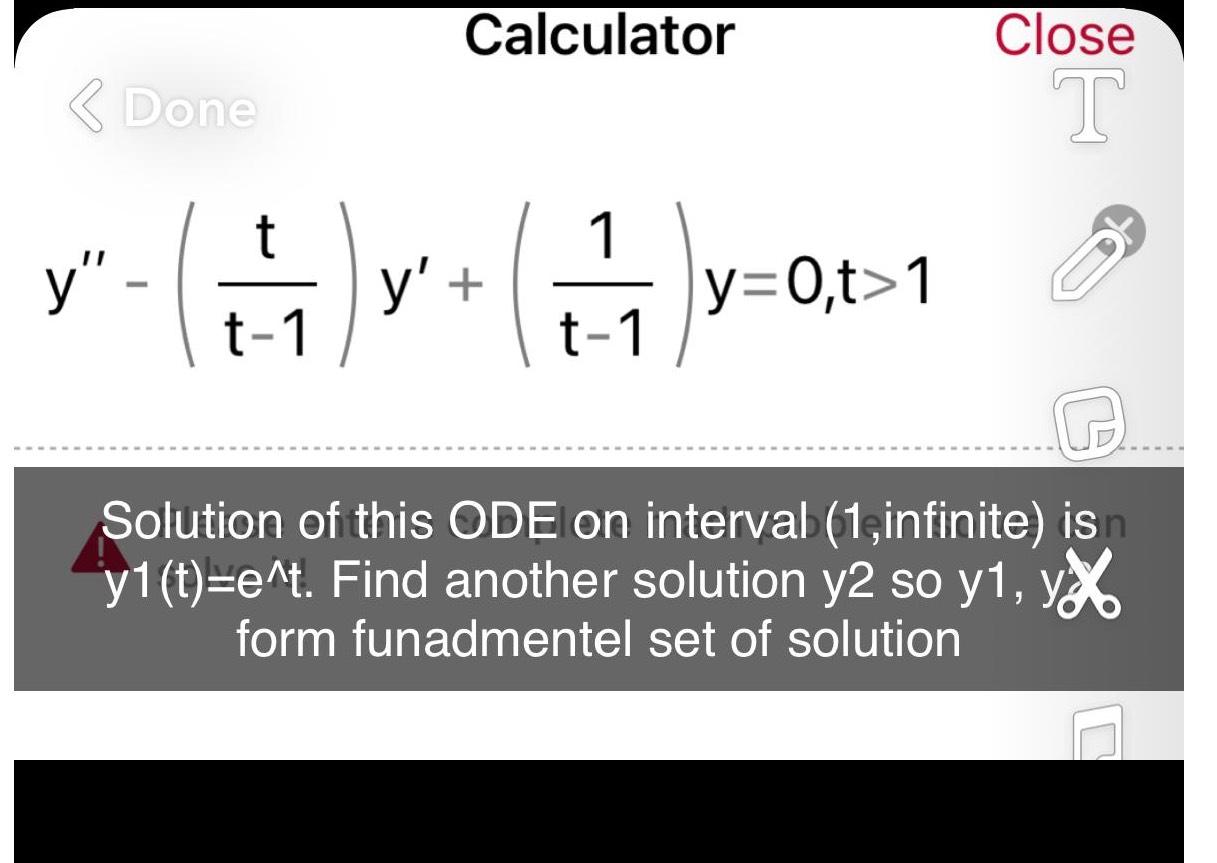 Solved Calculator y''-(tt-1)y'+(1t-1)y=0,t>1CloseSolution of | Chegg.com | Chegg.com