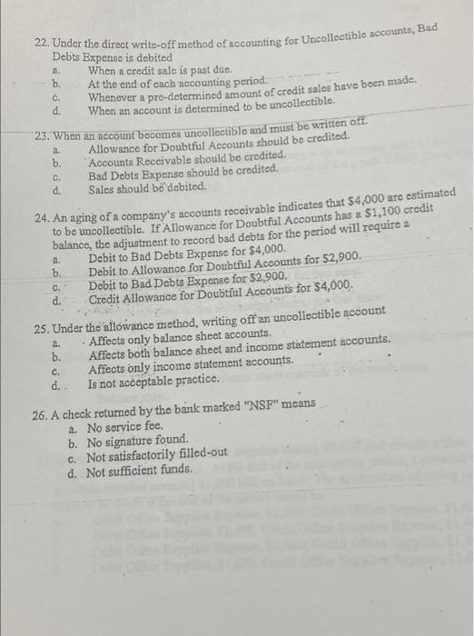 Solved B b. c. d. 2 b. C. d. 22. Under the direct write-off | Chegg.com