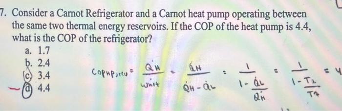 Solved 7. Consider a Carnot Refrigerator and a Carnot heat | Chegg.com