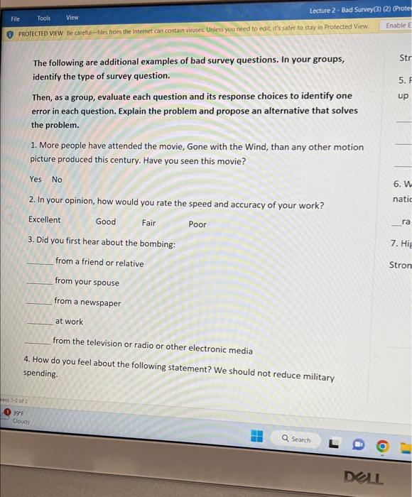 The following are additional examples of bad survey | Chegg.com