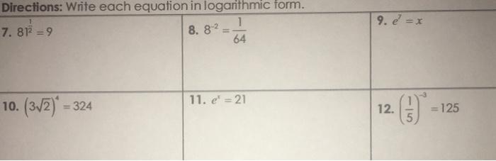 Solved Directions: Write each equation in logarithmic form. | Chegg.com