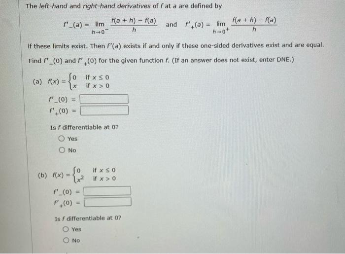 Solved The left-hand and right-hand derivatives of f at a | Chegg.com