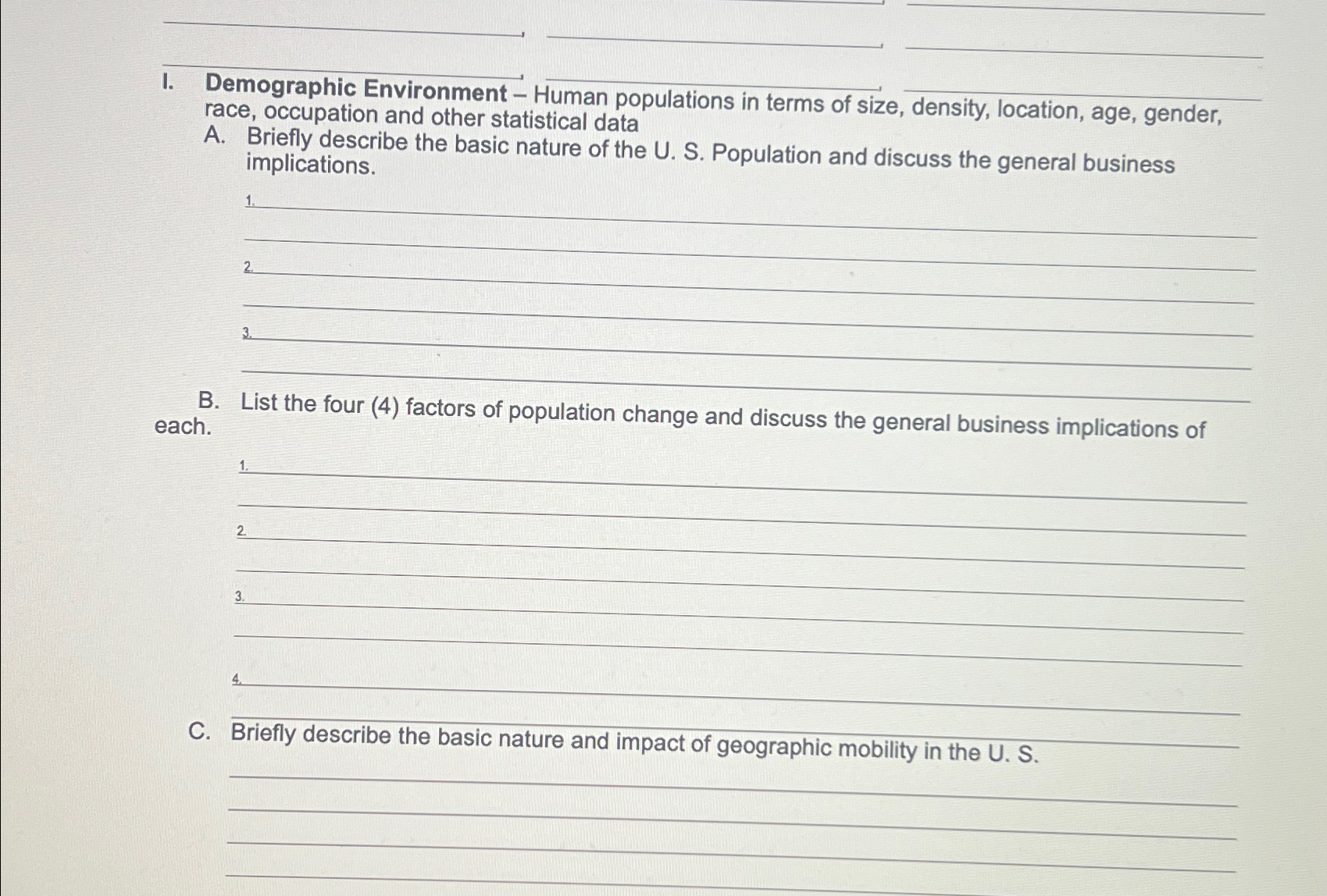 Solved I. Demographic Environment - ﻿Human populations in | Chegg.com