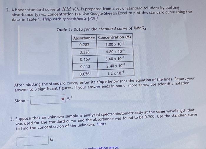 Solved 2. A linear standard curve of KMnO4 is prepared from | Chegg.com