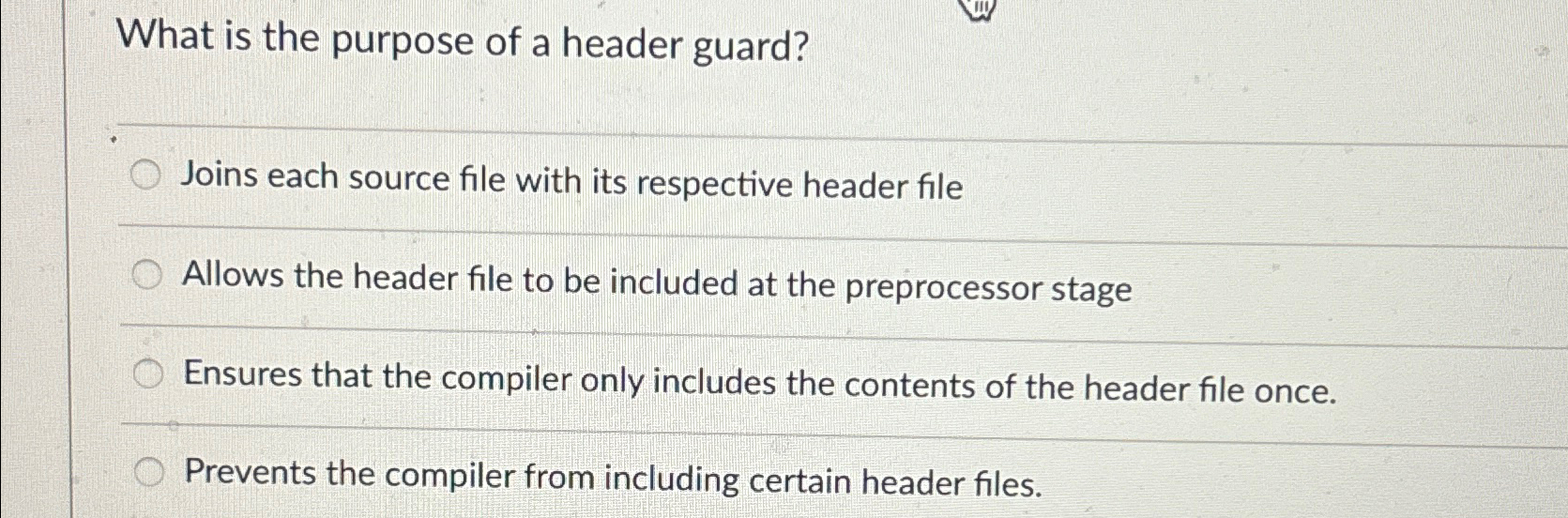 Solved What is the purpose of a header guard?Joins each | Chegg.com