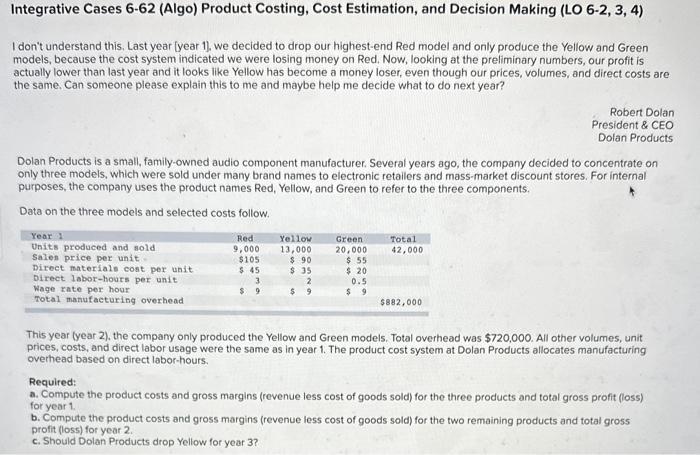 Solved Integrative Cases 6-62 (Algo) Product Costing, Cost | Chegg.com