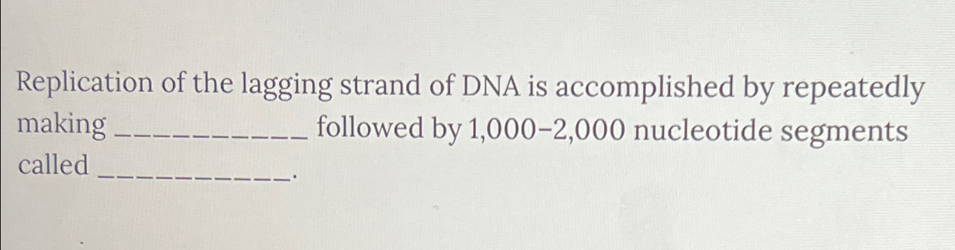 Solved Replication of the lagging strand of DNA is | Chegg.com