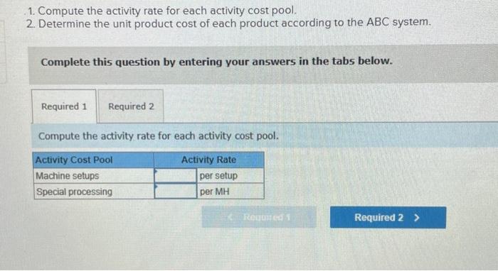 Solved 1. Compute the activity rate for each activity cost | Chegg.com