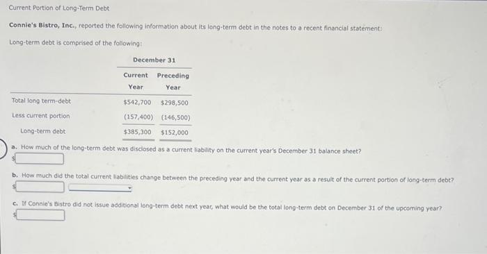 Solved Current Portion of Long-Term Debt Connie's Bistro, | Chegg.com