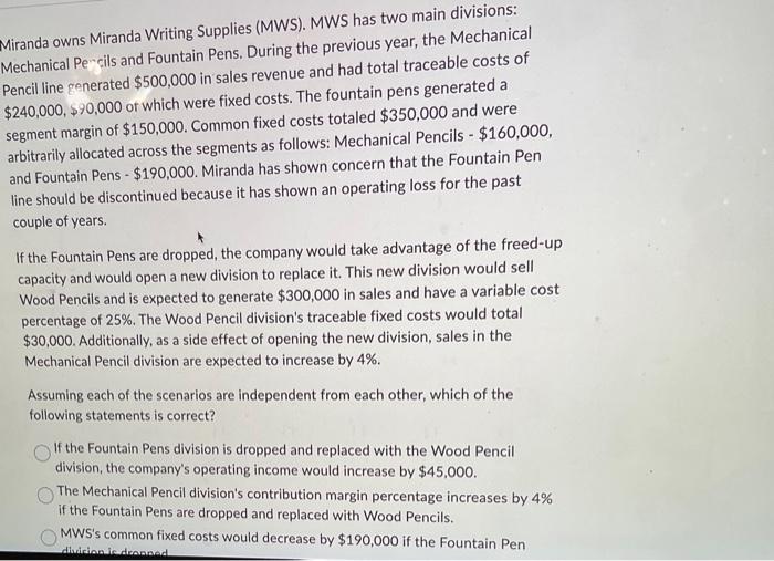 Solved Miranda owns Miranda Writing Supplies (MWS). MWS has | Chegg.com