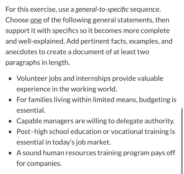 Solved For this exercise, use a general-to-specific | Chegg.com