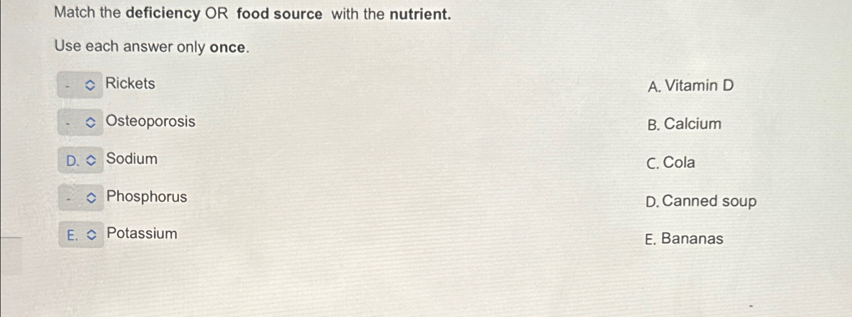 Solved Match the deficiency OR food source with the | Chegg.com