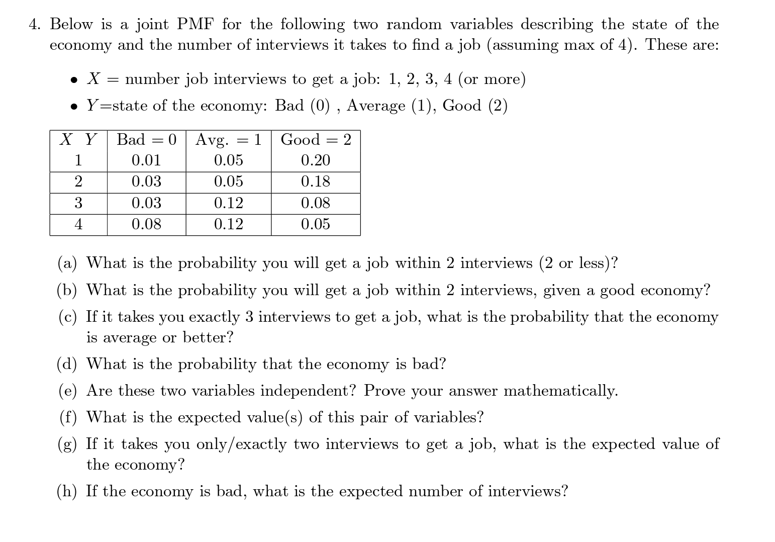 Solved Below is a joint PMF for the following two random | Chegg.com