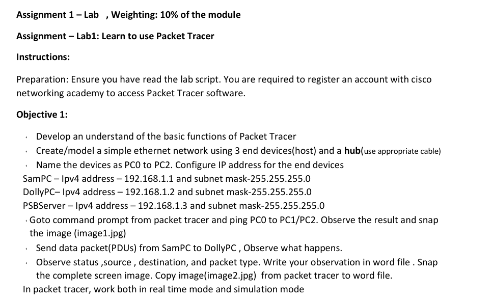 Solved Assignment 1 - ﻿Lab , ﻿Weighting: 10% ﻿of the | Chegg.com