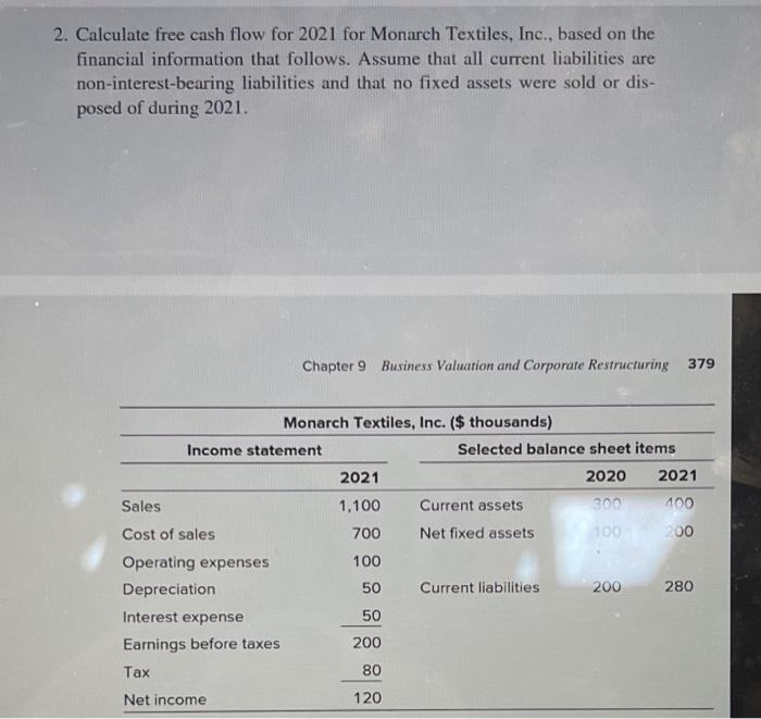 2. Calculate free cash flow for 2021 for Monarch | Chegg.com