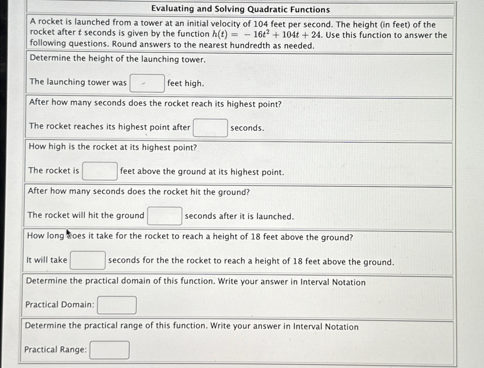 Solved Evaluating and Solving Quadratic FunctionsA rocket is | Chegg.com