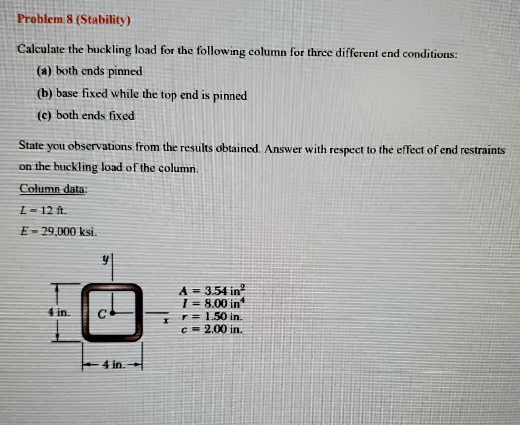 Solved Problem 8 (Stability) Calculate the buckling load for | Chegg.com