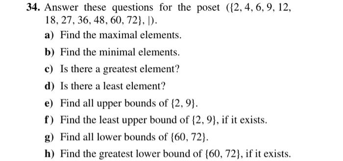 Solved 34. Answer these questions for the poset (2, 4, 6, 9, | Chegg.com