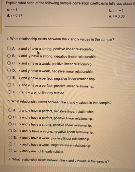 Solved Explain what each of the following sample correlation | Chegg.com