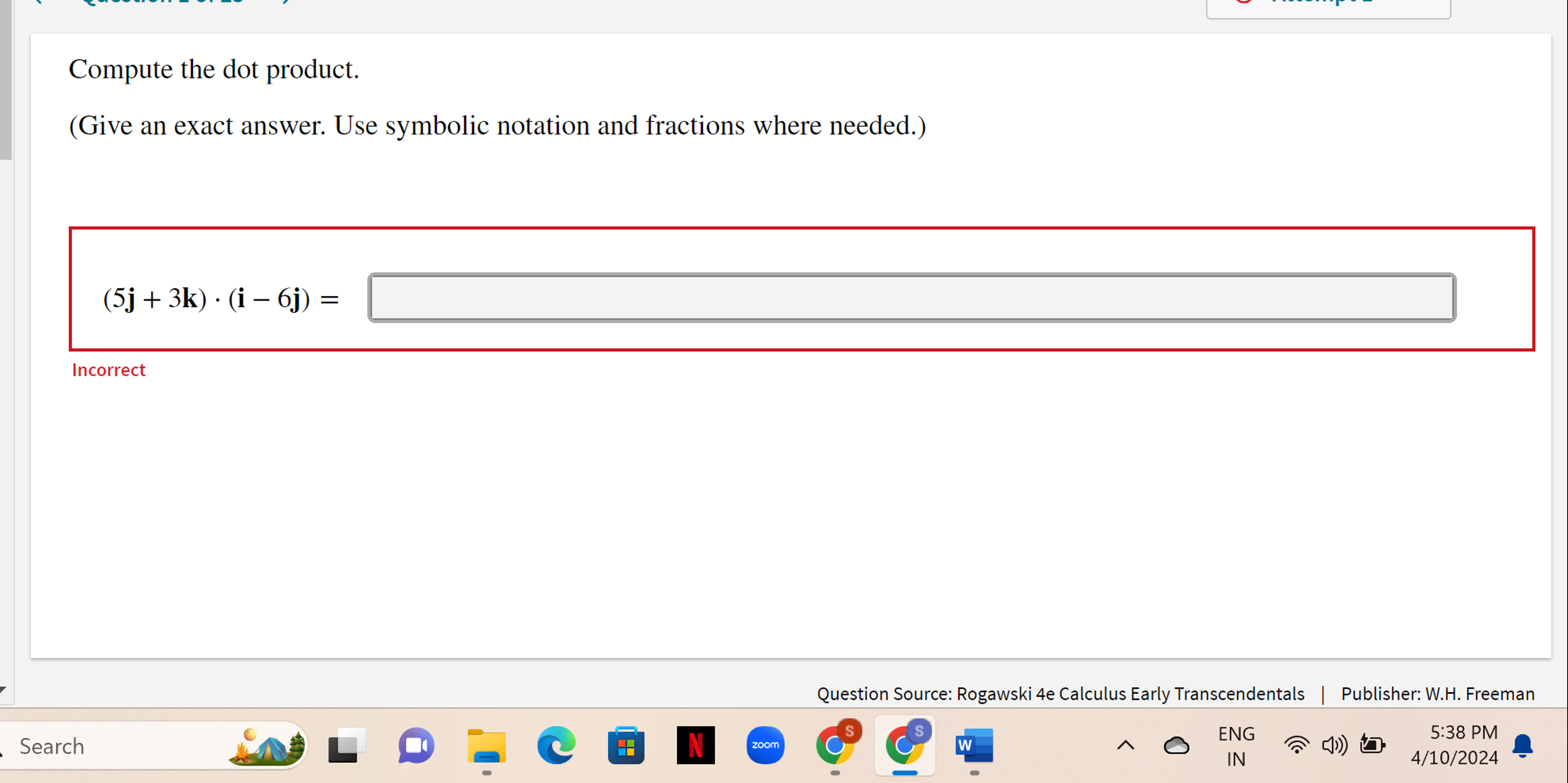 Solved Compute the dot product.(Give an exact answer. Use | Chegg.com