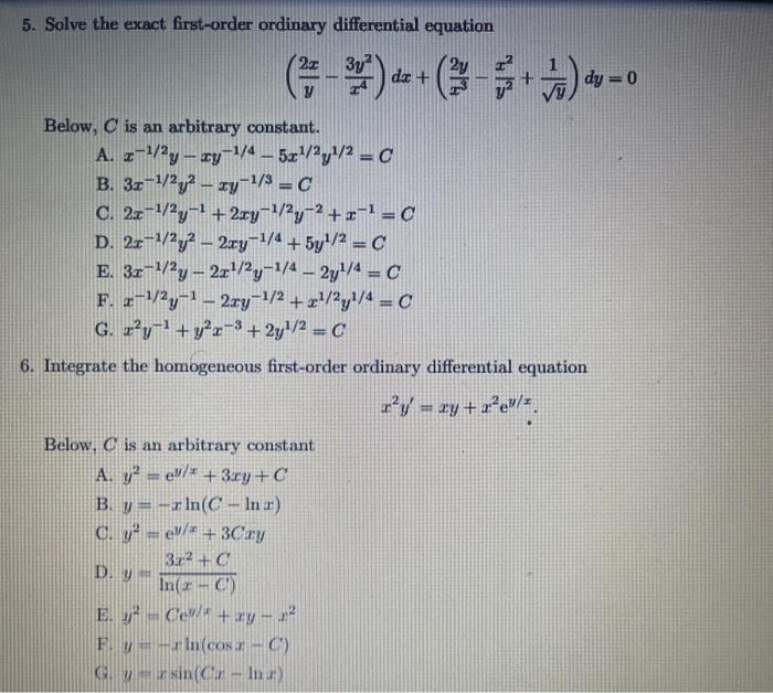 Solved 5. Solve the exact first-order ordinary differential | Chegg.com