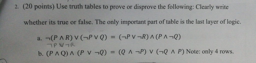 Solved 2. (20 points) Use truth tables to prove or disprove | Chegg.com
