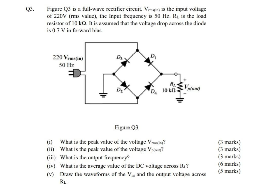 Solved Figure Q3 is a full-wave rectifier circuit. Vrms(in) | Chegg.com