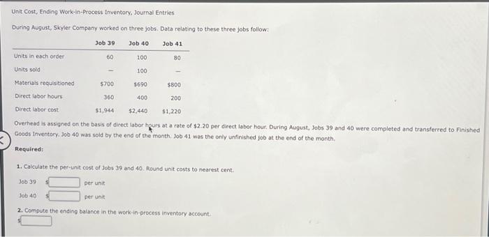 Solved Unit Cost, Ending Work-in-Process Inventory, Journal | Chegg.com