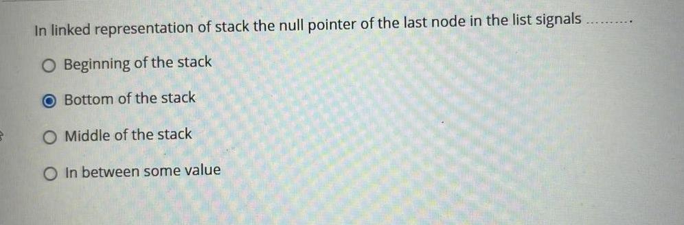 Solved In linked representation of stack the null pointer of | Chegg.com