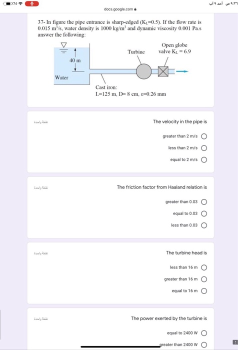 Solved docs.google.com 37- In figure the pipe entrance is | Chegg.com
