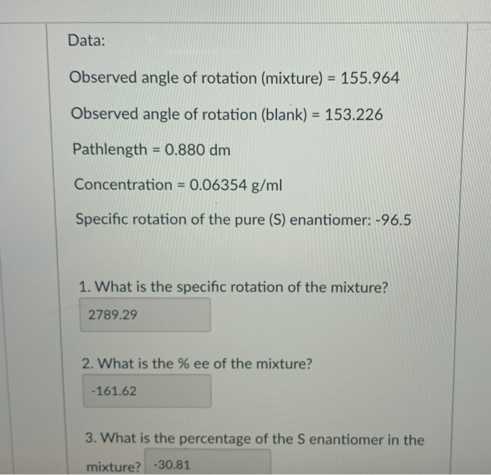 Solved Data: Observed angle of rotation (mixture) = 155.964 | Chegg.com