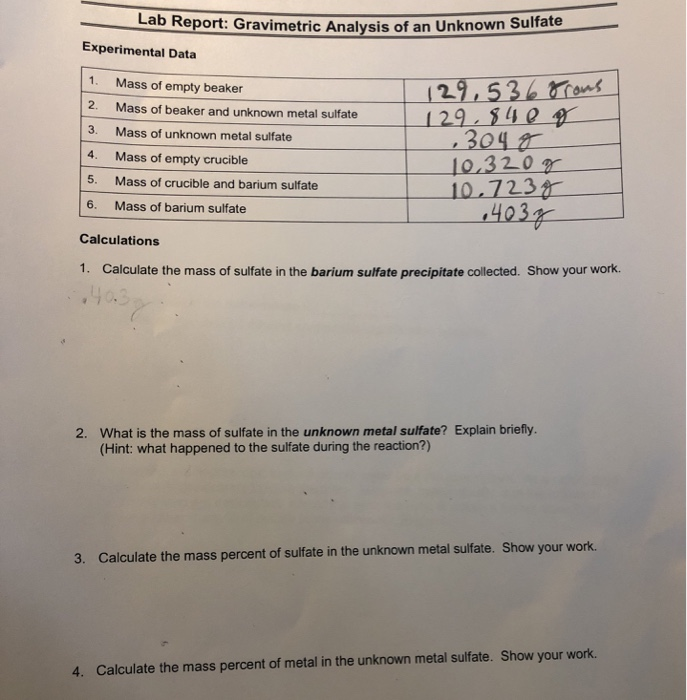 Solved Lab Report: Gravimetric Analysis of an Unknown | Chegg.com
