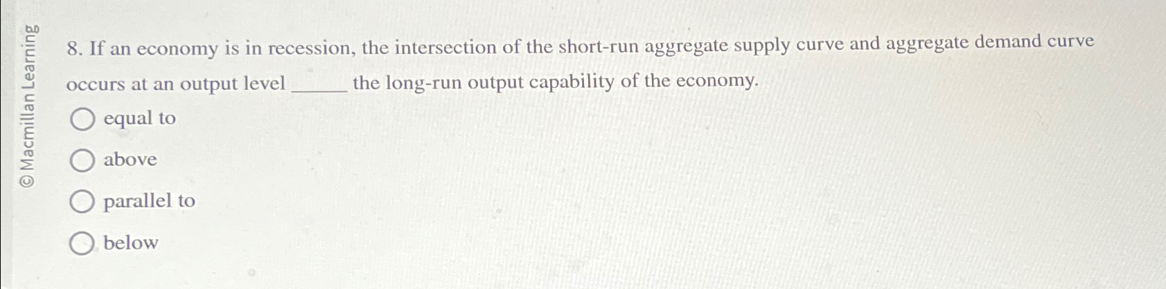 Solved If an economy is in recession, the intersection of | Chegg.com