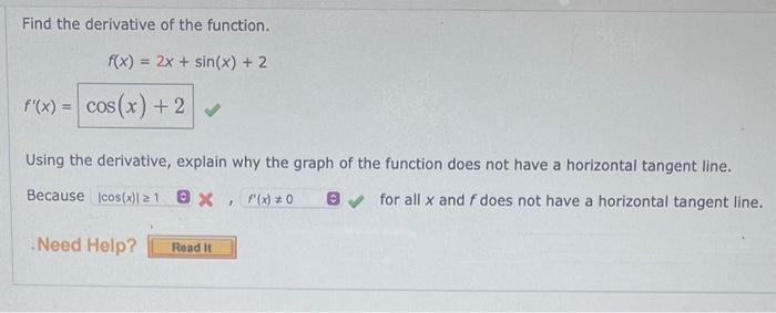 Solved Find the derivative of the function. f(x)=2x+sin(x)+2 | Chegg.com