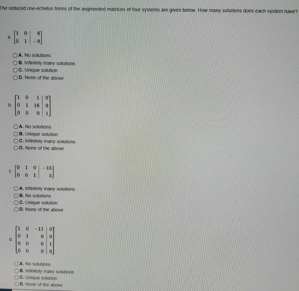 Solved The reduced row-echelon forms of the augmented | Chegg.com