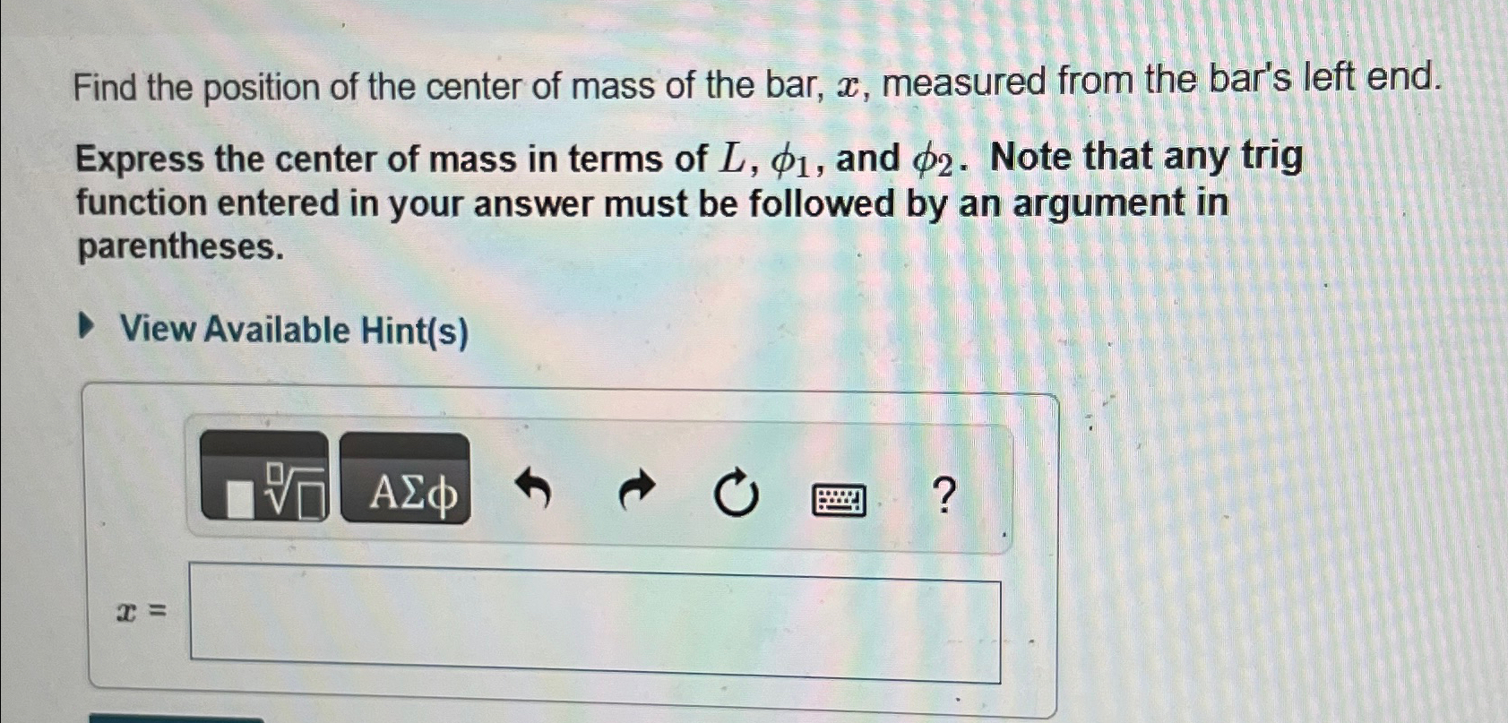 Solved Find the position of the center of mass of the bar, | Chegg.com