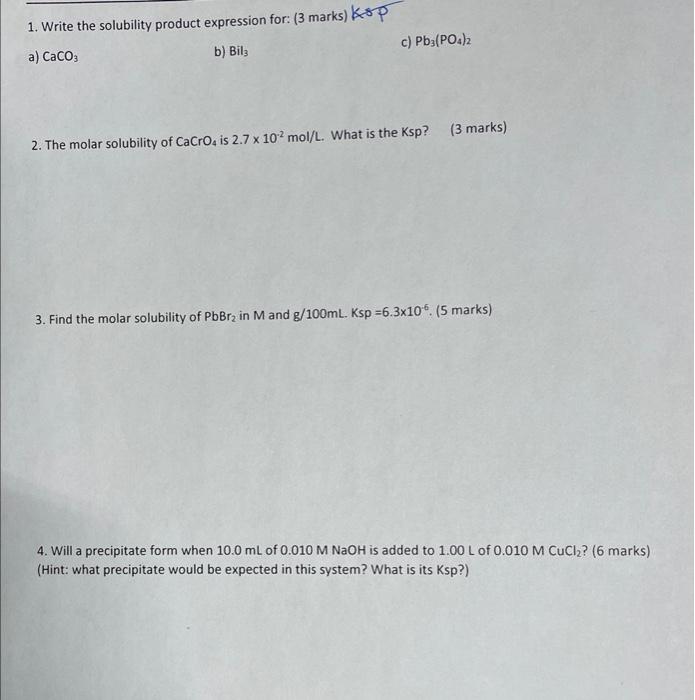 Solved 1. Write the solubility product expression for: ( 3 | Chegg.com
