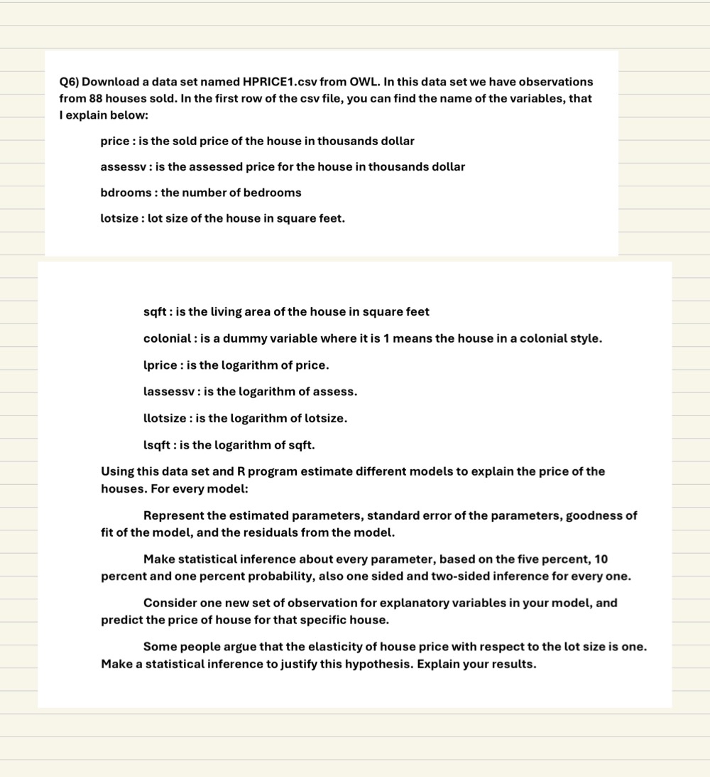 Solved Q6) ﻿Download a data set named HPRICE1.csv from OWL. | Chegg.com