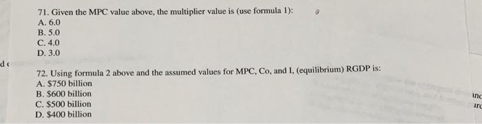 Solved 71. Given the MPC value above, the multiplier value | Chegg.com