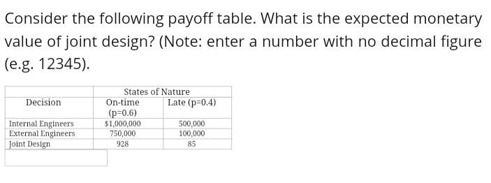 Solved Consider the following payoff table. What is the | Chegg.com
