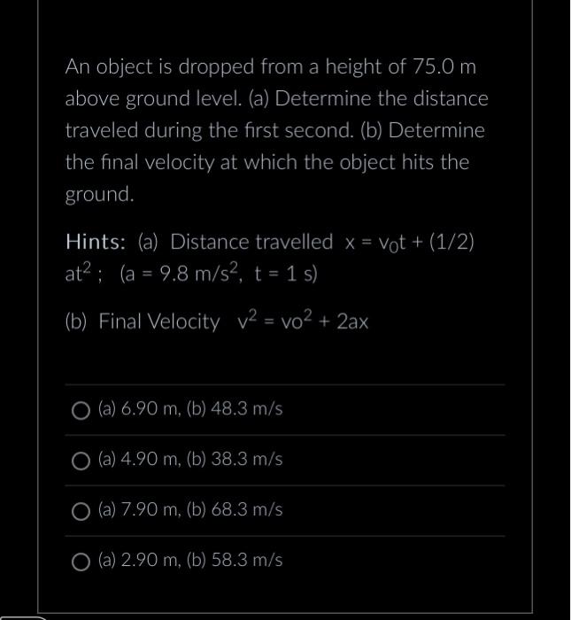 Solved An object is dropped from a height of 75.0 m above | Chegg.com