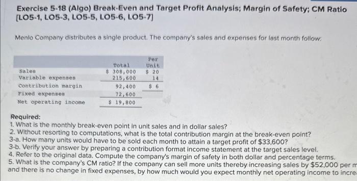 Solved Exercise 5-18 (Algo) Break-Even and Target Profit | Chegg.com