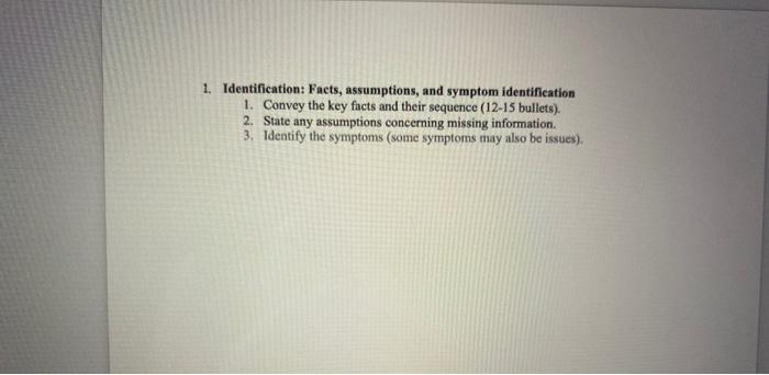 Solved 1. Identification: Facts, assumptions, and symptom | Chegg.com
