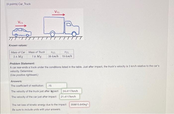 Solved (4 points) Car_Truck V11 Vai Known values: Mass of | Chegg.com