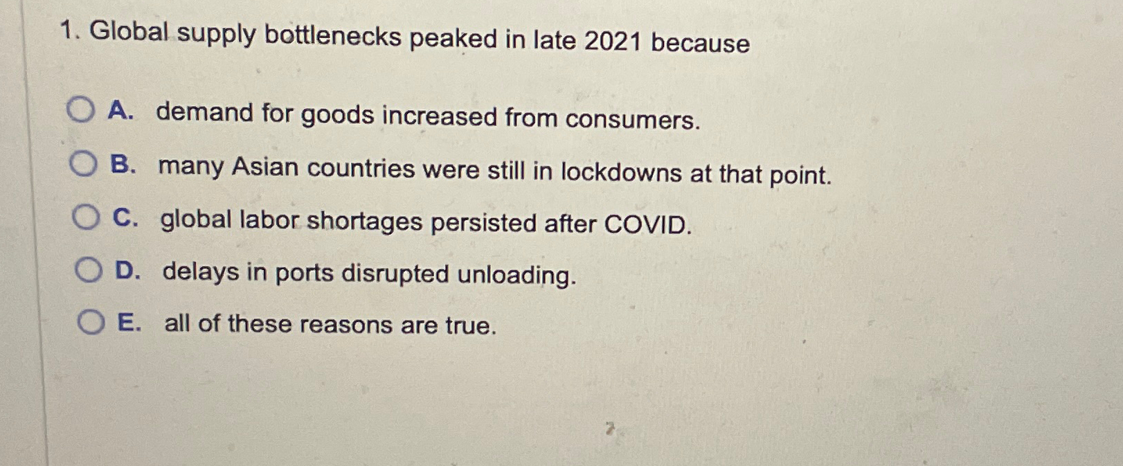 Solved Global supply bottlenecks peaked in late 2021 | Chegg.com