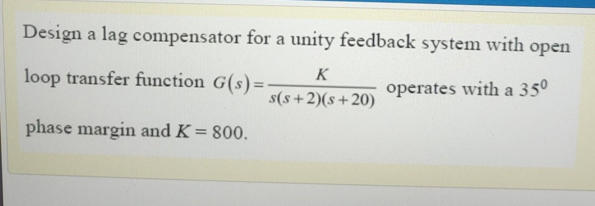 Solved Design a lag compensator for a unity feedback system | Chegg.com