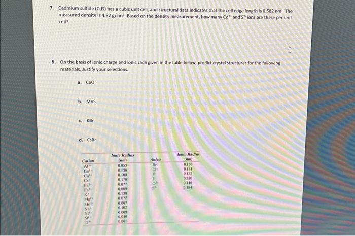 Solved 7. Cadmium sulfide (CdS) has a cubic unit cell, and | Chegg.com